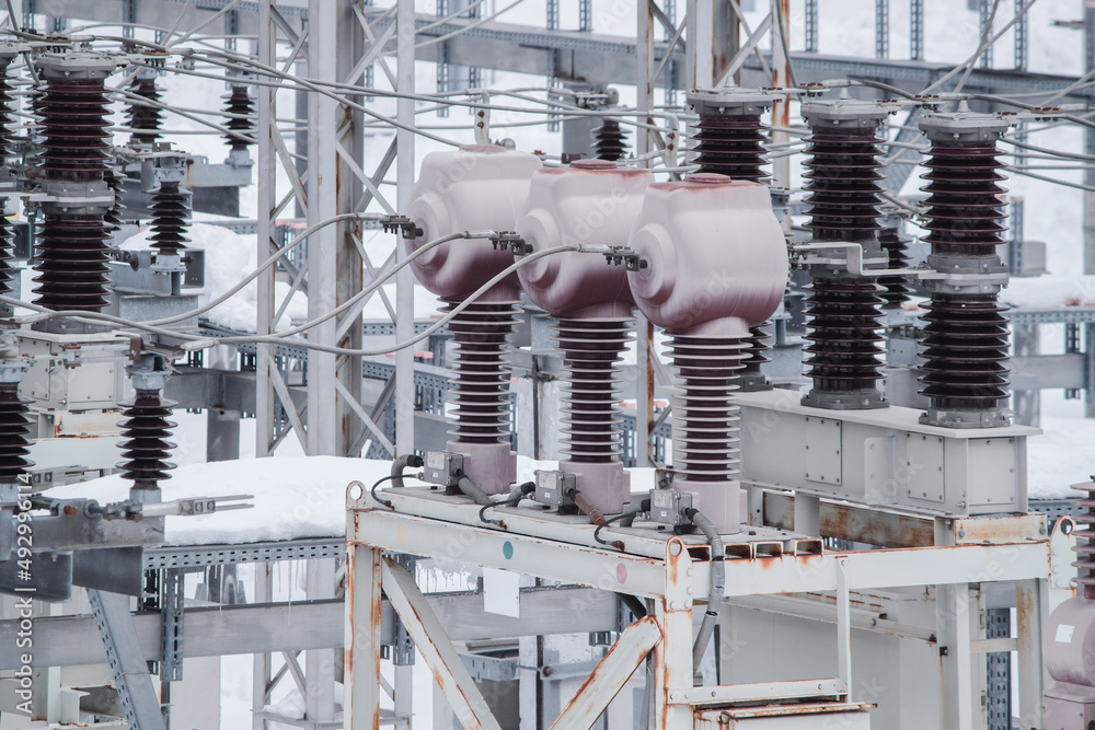 Measuring current transformers at a high-voltage substation. Electric ...