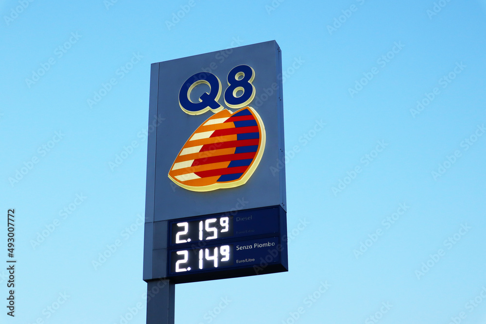Italy – March 16, 2022: Q8 Gas Station sign with price of fuel per ...
