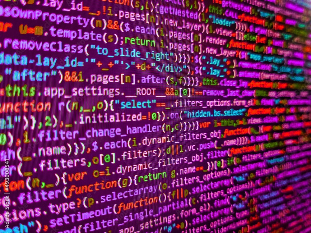 Data encryption security code on a computer display. Front-end applications in the color concept ...