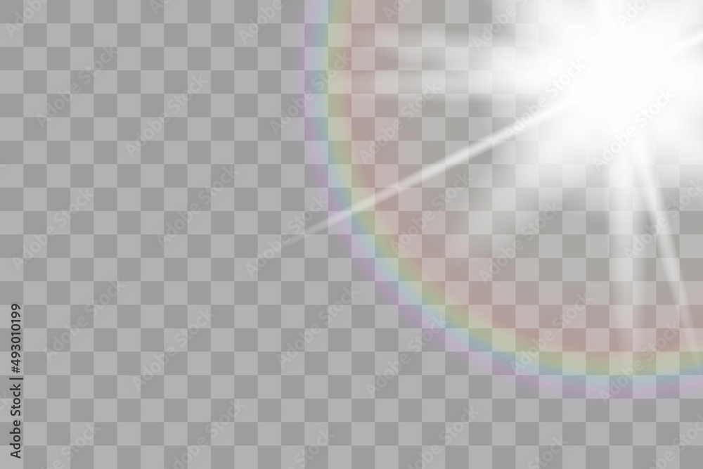 Shining sun glare rays, lens flare vector illustration with a rainbow ...