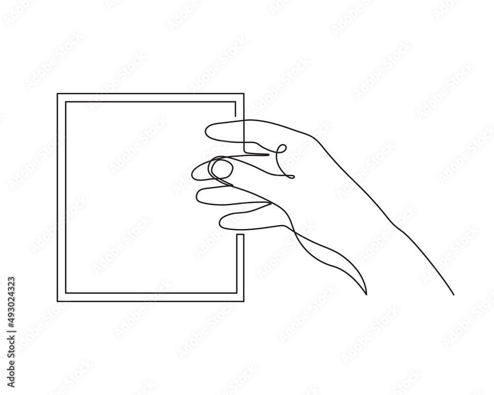 Hand holds signboard, paper sheet, one line art, hand drawn continuous ...