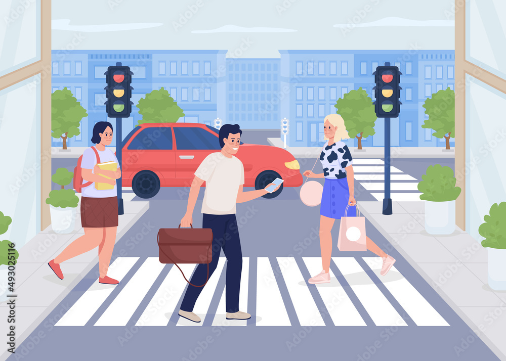 Busy town flat color vector illustration. Modern urban lifestyle ...