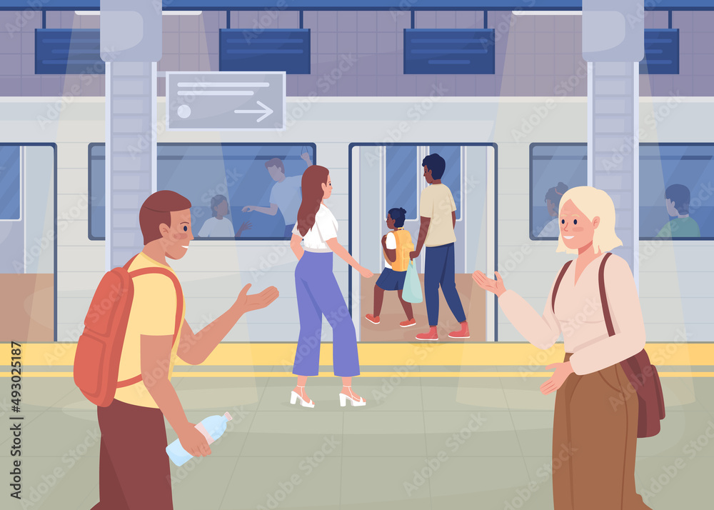 Everyday life at subway station flat color vector illustration. Mass ...