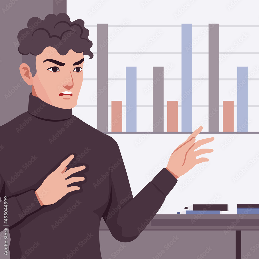 Young handsome businessman portrait, presentation bar graph report ...