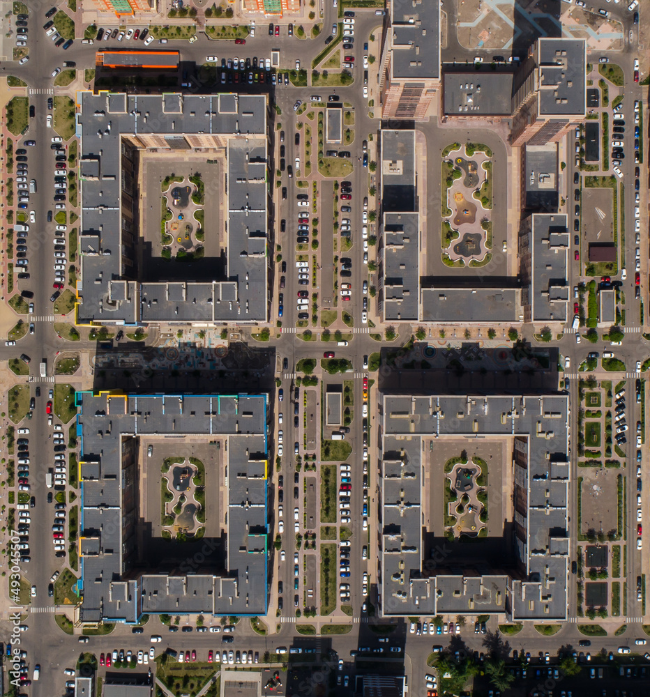Residential area top view. several identical flat houses with ...