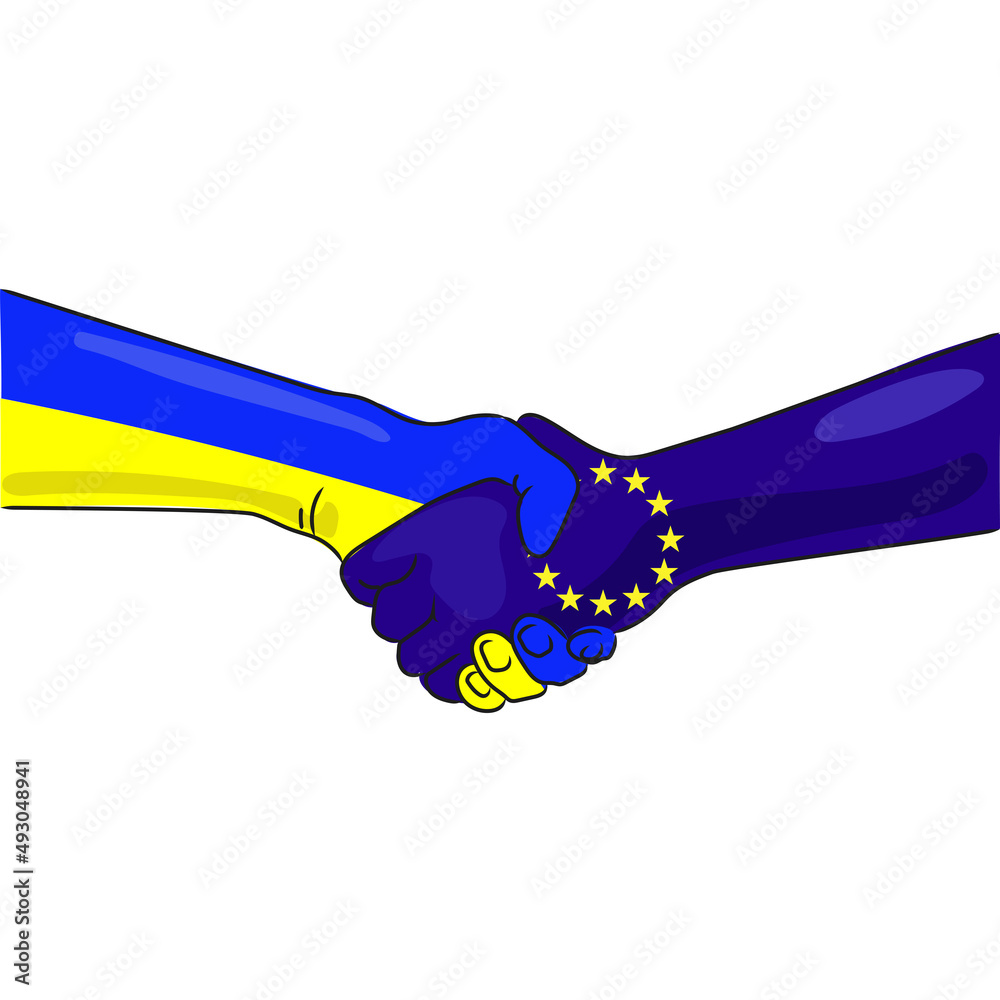 Flags of the European Union, countries of Ukraine, handshake ...