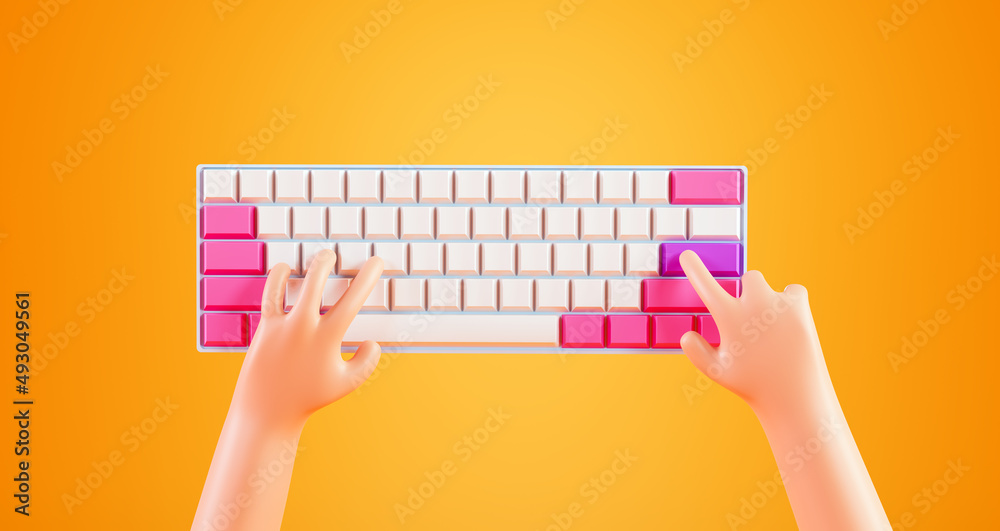 Cartoon hands and keyboard, 3d rendering. Character's hands use the ...