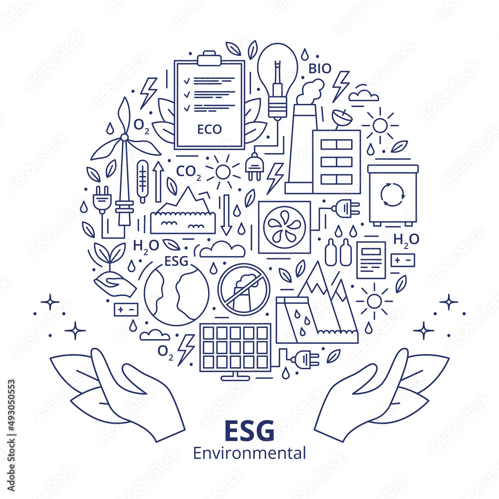 Set of ESG, ECO, BIO icons. ESG environmental criteria, icons arranged ...