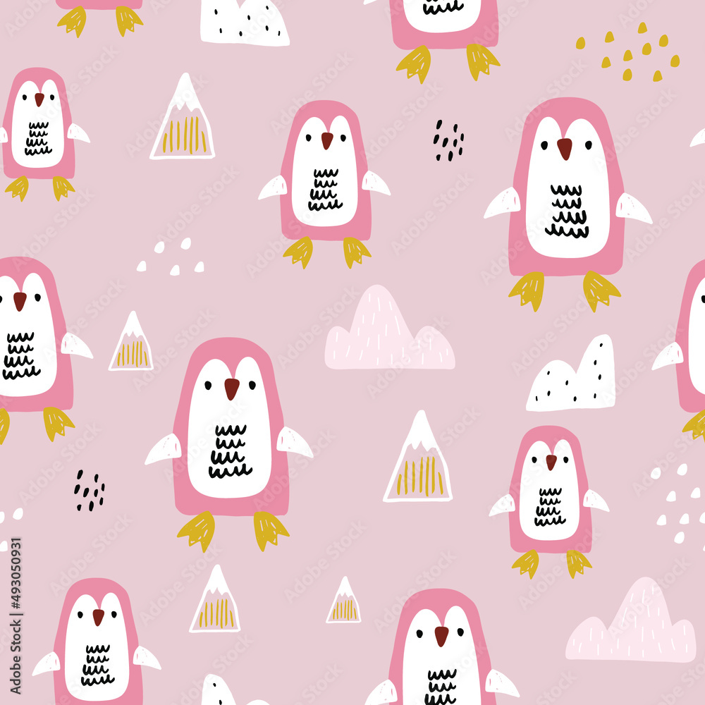 Cute seamless penguin pattern on pink. Cartoon penguins, icebergs ...