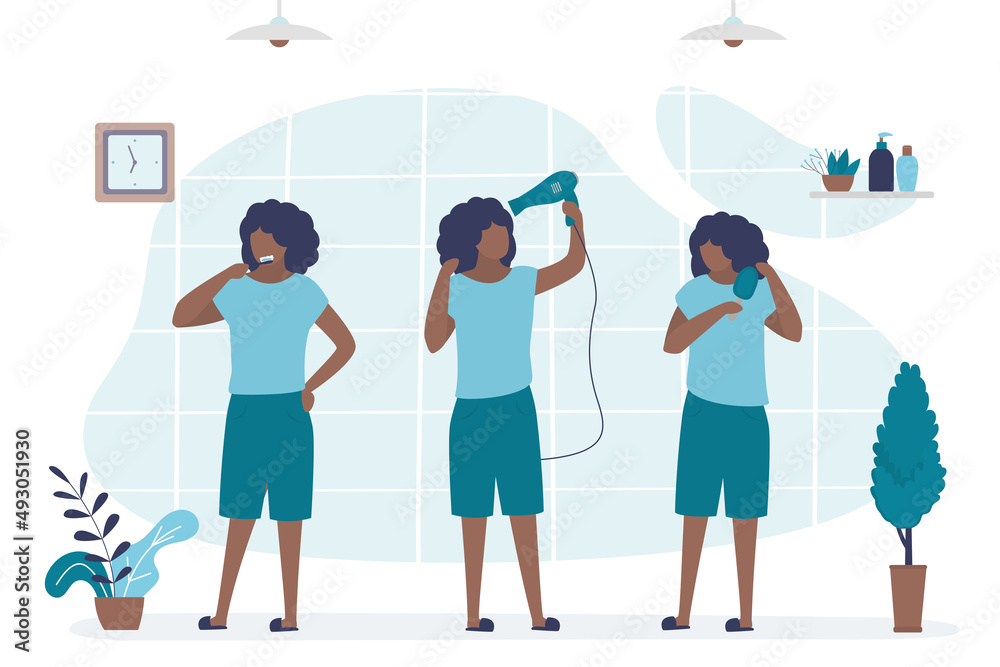 African american girl engaged in daily routine in bath. Female ...