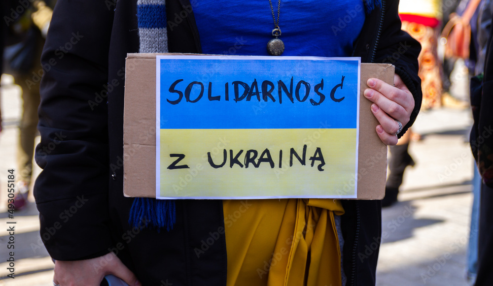 Placard saying "Solidarity with Ukraine" in Polish language, on the ...