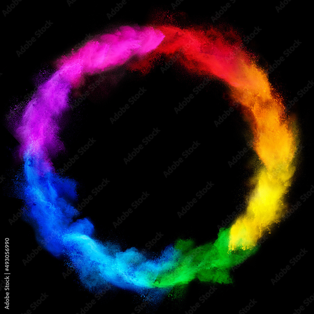 colorful rainbow holi paint color powder explosion ring circle isolated ...