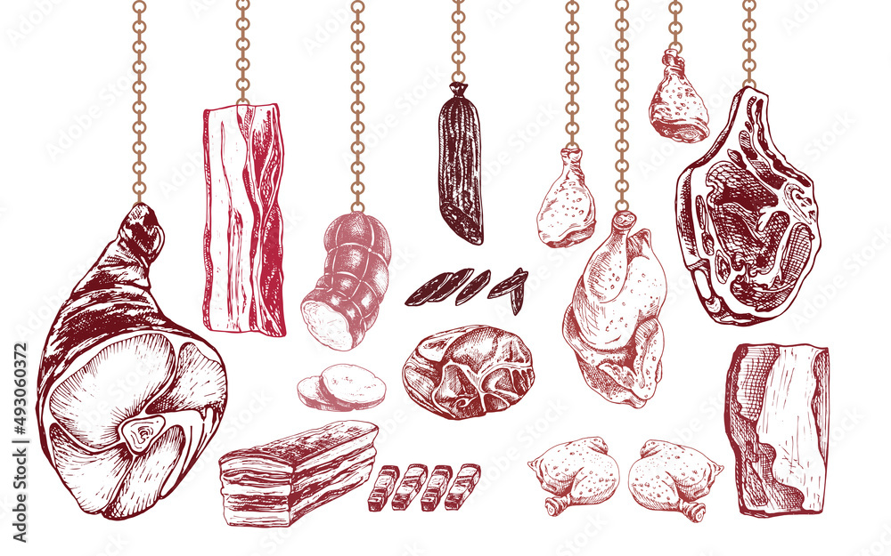 set of different types of meat, color set of different types of meat, a ...