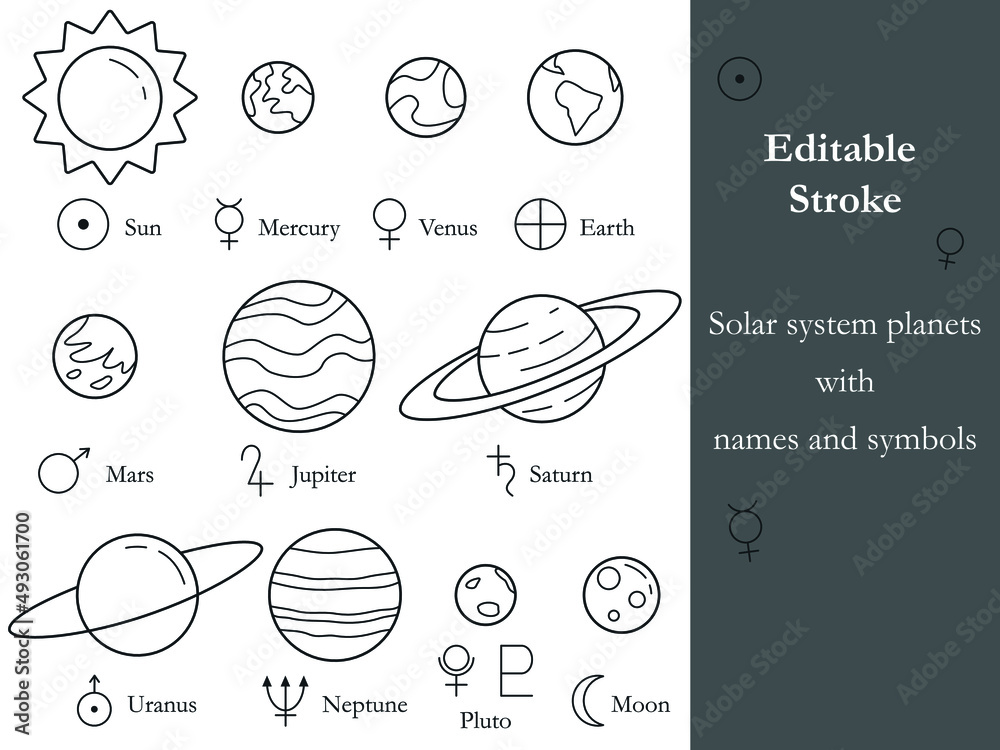 Solar system planets with names and symbols. Line icons with Editable ...
