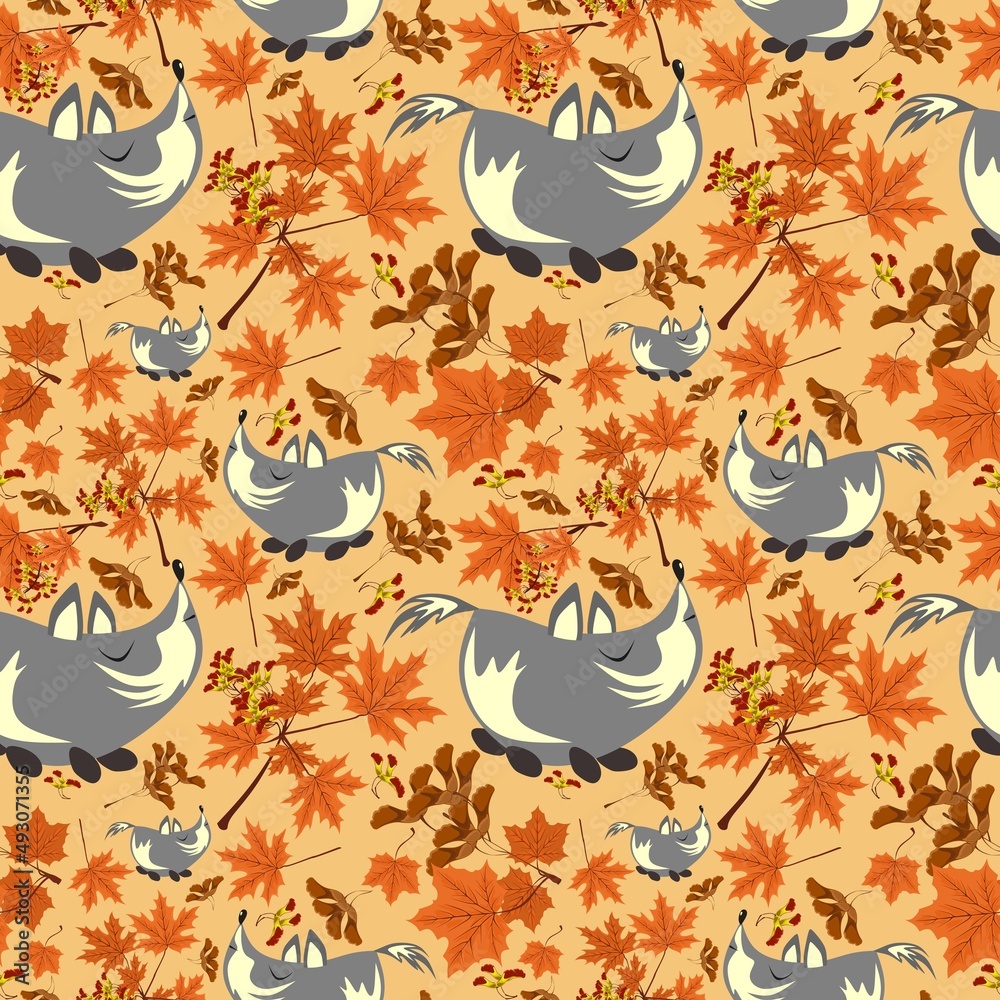 Autumn forest pattern with cute wolves and maple tree leaves . Seamless ...