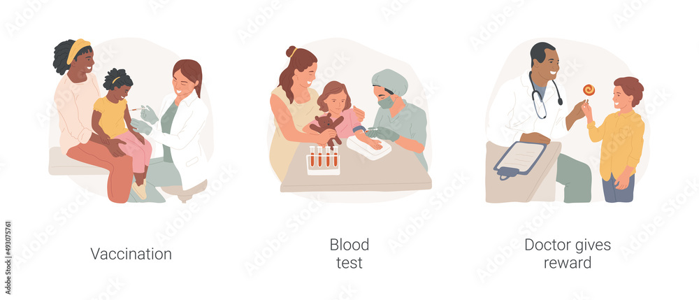 Visiting pediatrician isolated cartoon vector illustration set. Doctor ...