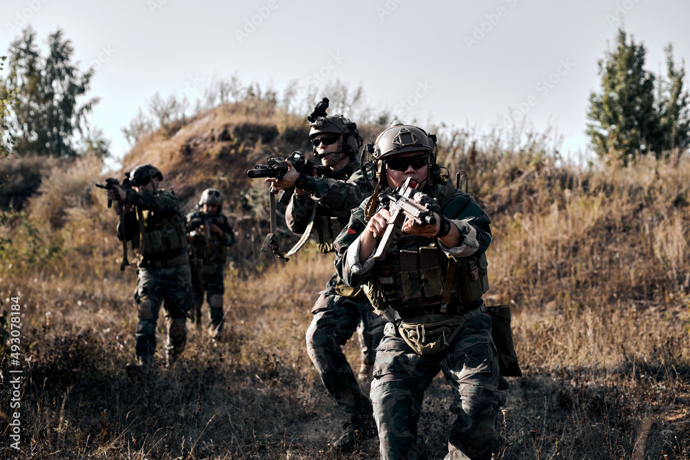 Fully Equipped Soldiers Wearing Camouflage Uniform Going To Attack ...