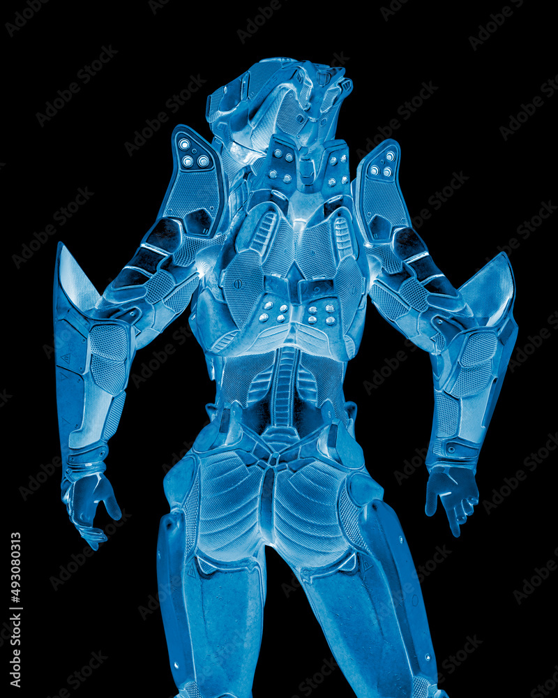 alien female soldier is doing a cool pose rear view in white background ...