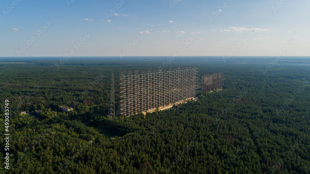 Aerial view of the DUGA radar station near the city of Chernobyl-2 ...