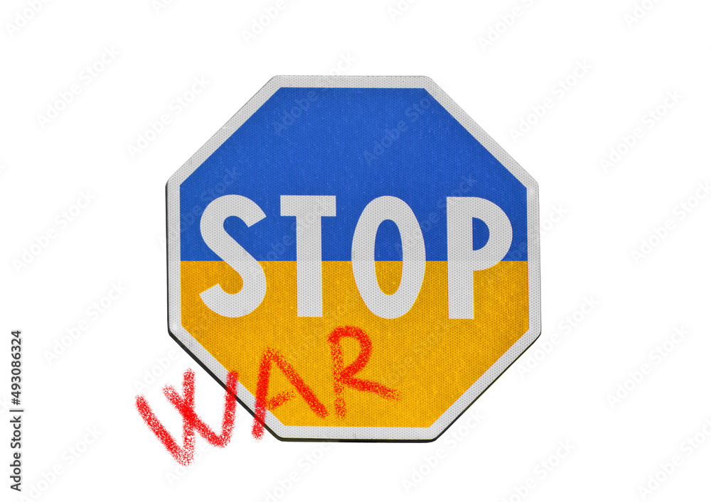cartello stradale "STOP" con i colori dell'Ucraina e l'aggiunta della ...
