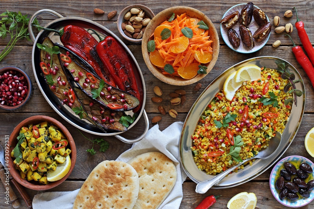 African food table concept. Traditional African or middle eastern ...