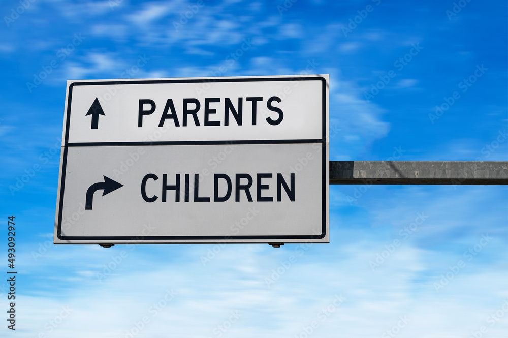 Road sign with words parents and children. White two street signs with ...