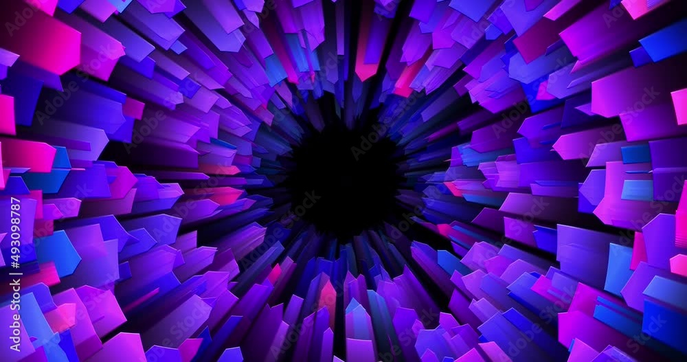 Abstract animation with a spinning, shifting tunnel of crystal-like ...