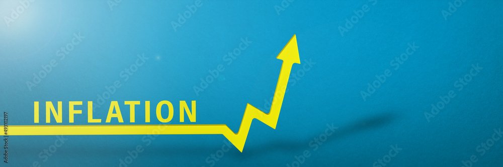 Inflation. Rising inflation. Global financial crisis. Yellow arrow on ...