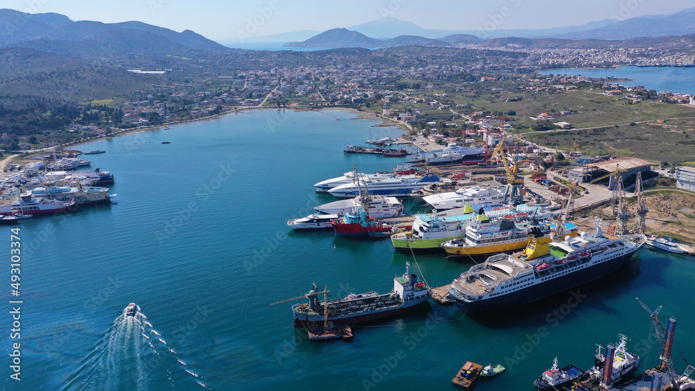Aerial drone photo of shipyard in old port of Salamina island place ...
