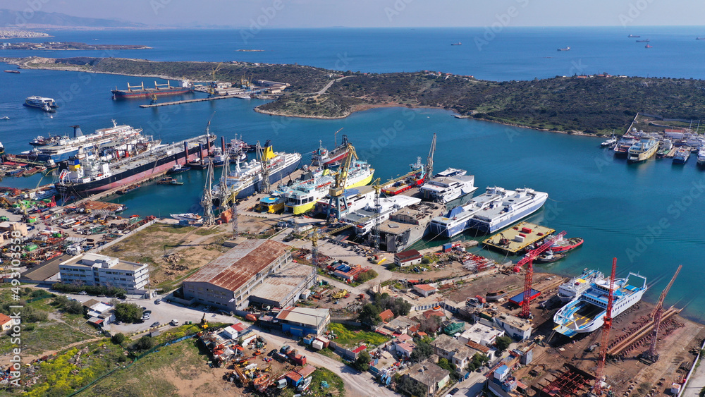 Aerial drone photo of shipyard in old port of Salamina island place ...
