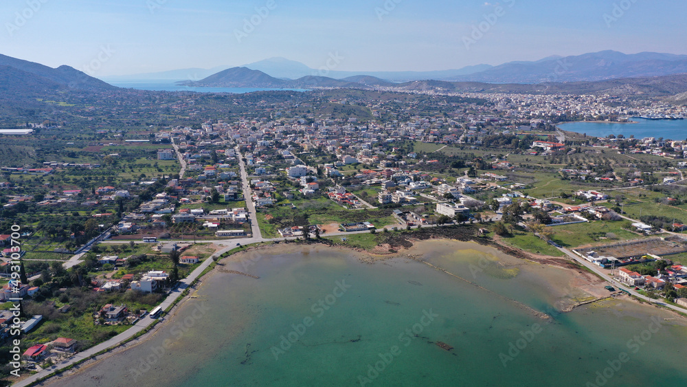 Aerial drone photo of old port of Salamina island place where historic ...