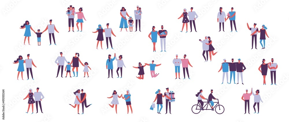 Illustration with happy cartoon couples of people. Happy friends ...