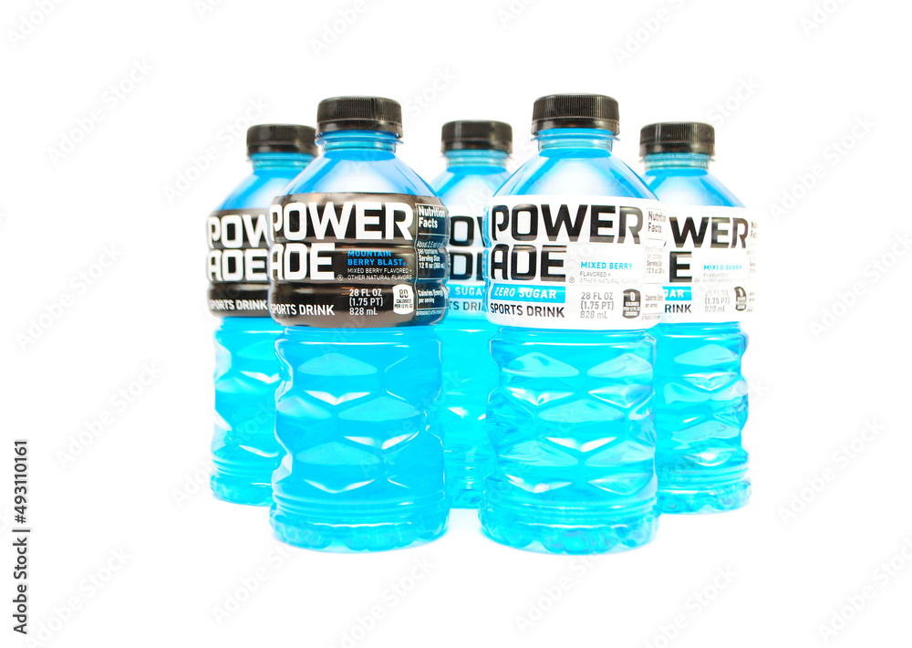 Mountain Blast flavor Isolated Over White. Powerade replenishes ...