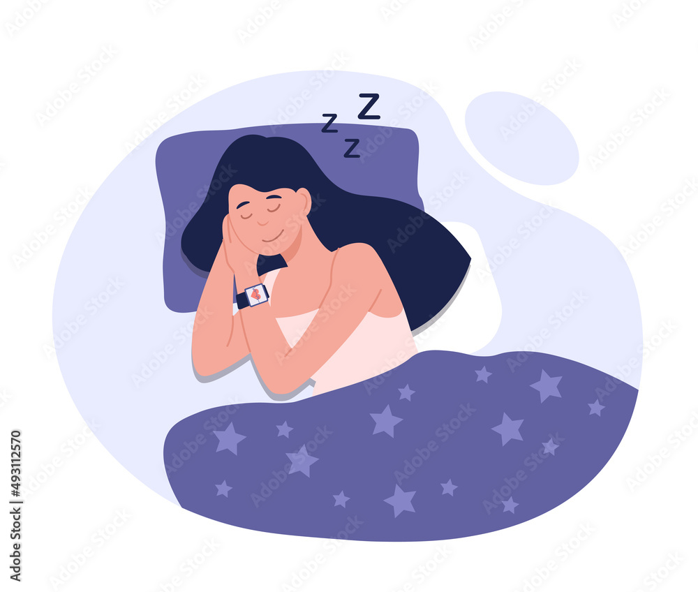 Sleep control concept. Girl lies in bed with special watch on her hands ...