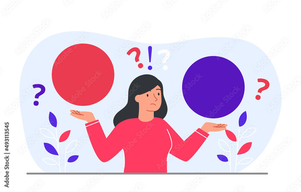 Concept of choosing. Young girl evaluates two options, pensive ...