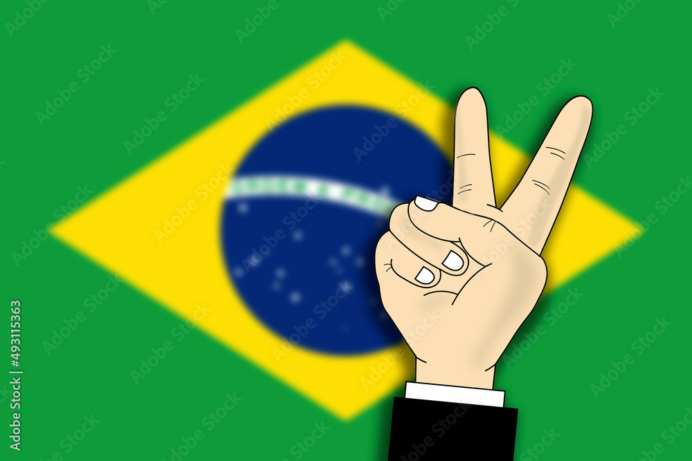Cartoon hand gesture V sign for victory with blurred flag of Brazil ...