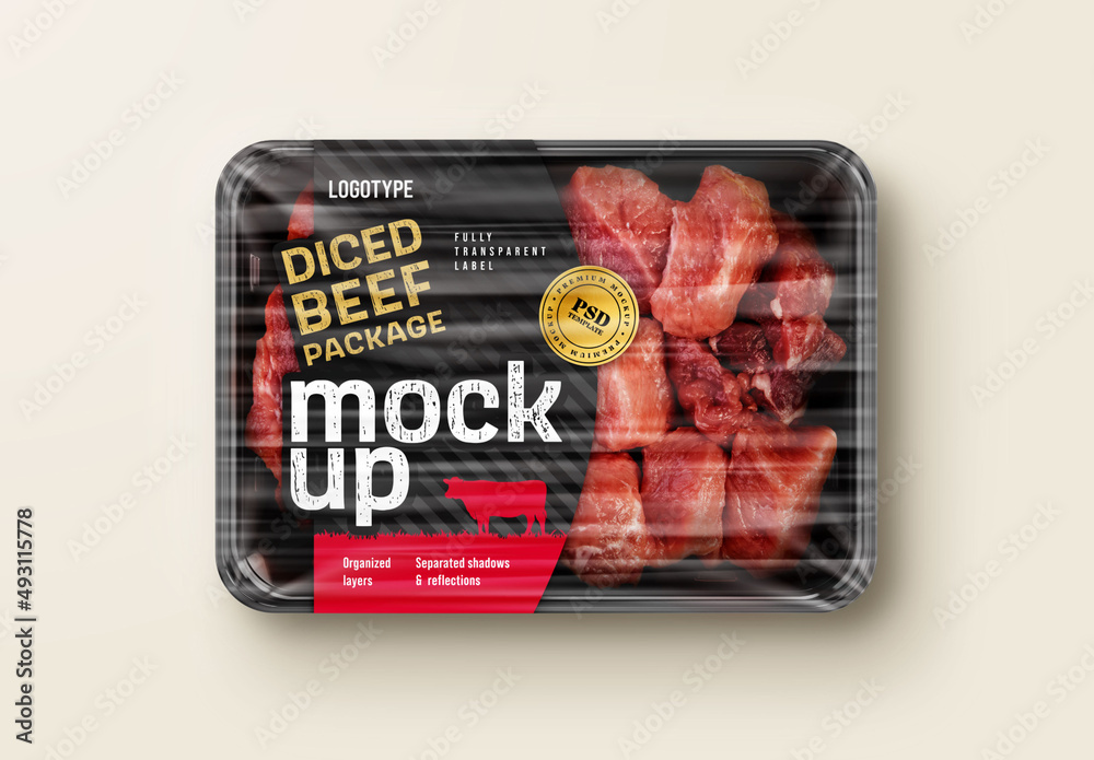 Raw Diced Beef Package Mockup Stock Template | Adobe Stock