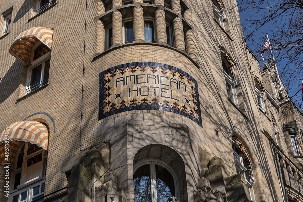 Architectural fragments of American Hotel built in 1902 on Leidseplein ...