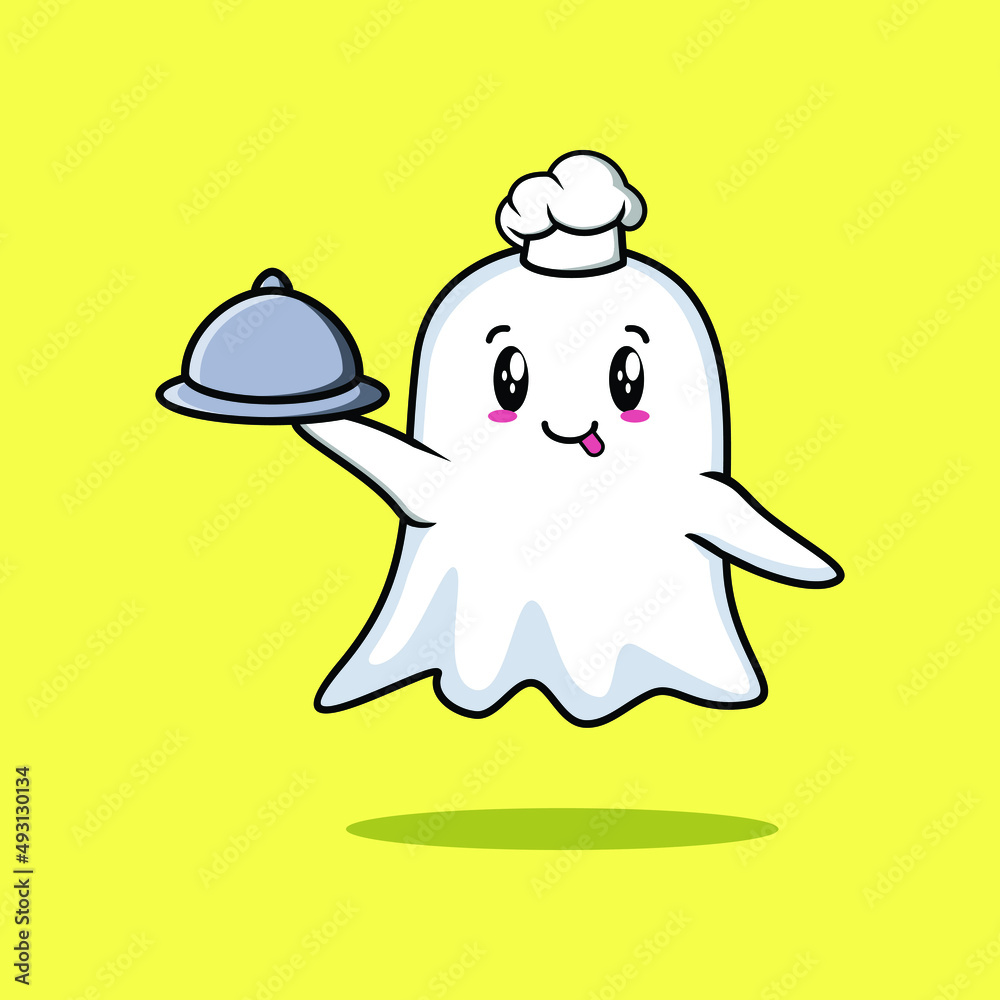 Cute Cartoon chef ghost mascot character serving food on tray cute ...