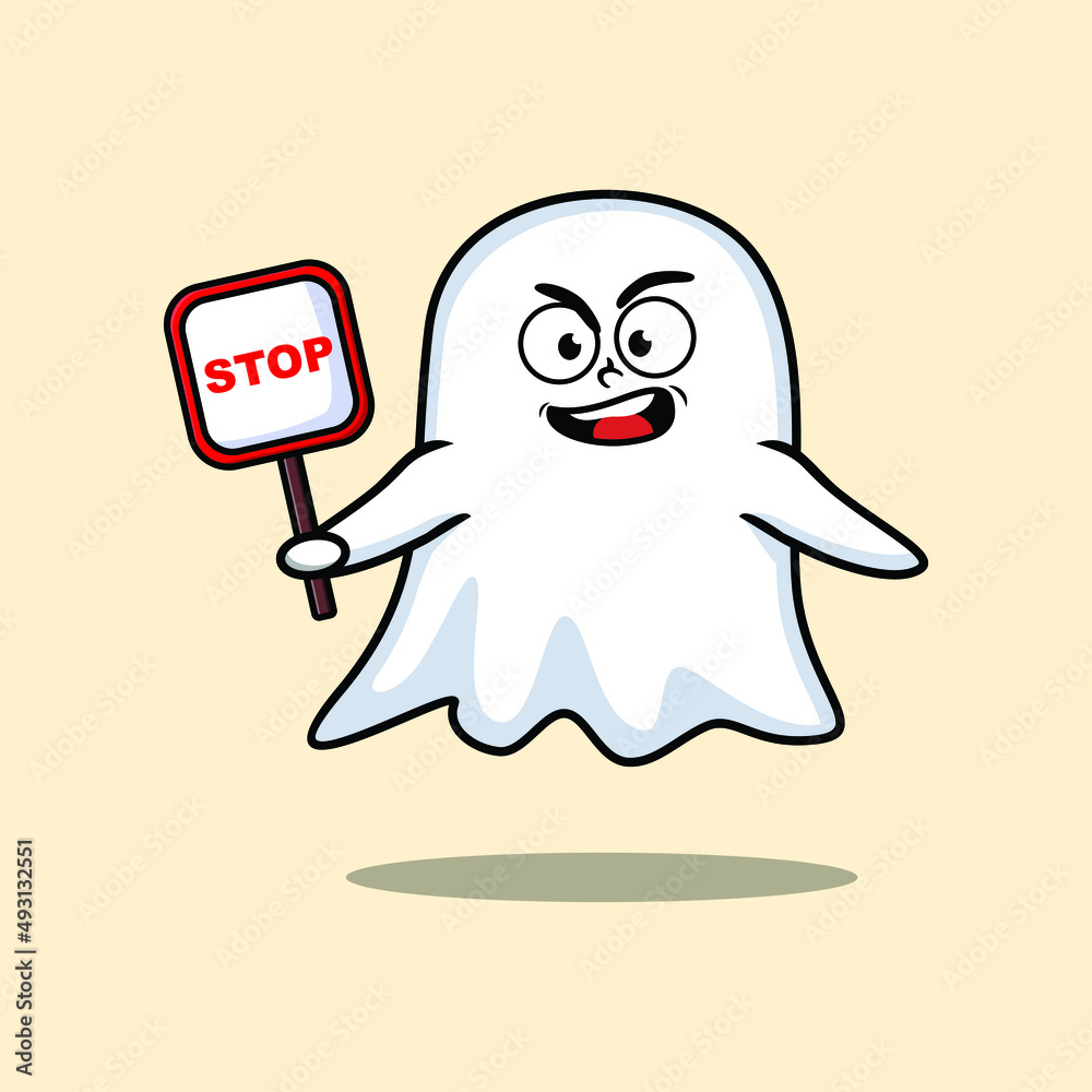 Cute Cartoon mascot illustration ghost with stop sign board vector ...