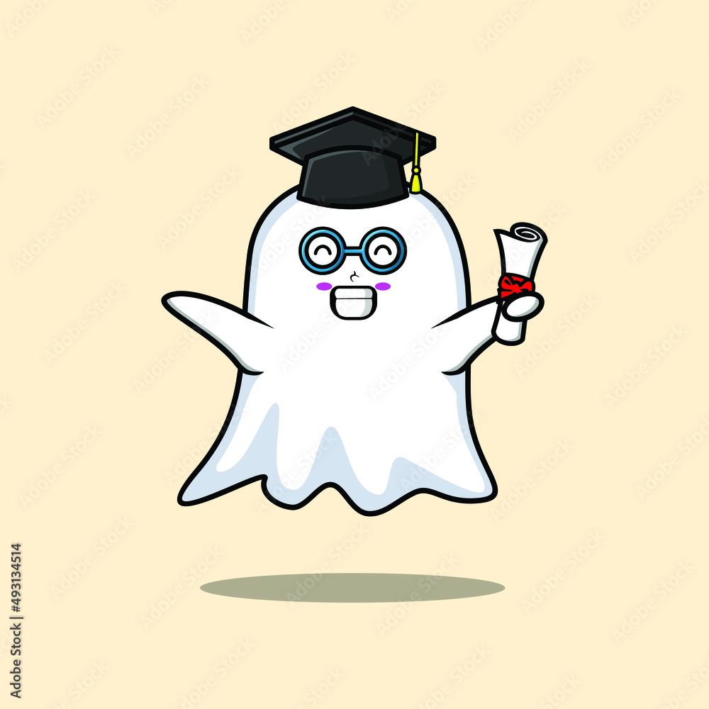 Cute cartoon ghost student character on graduation day with toga in ...