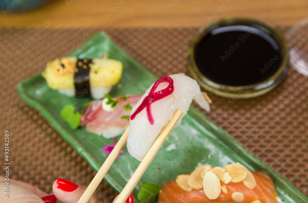 Platter with different types of nigirizushi, nigiri with different fish ...