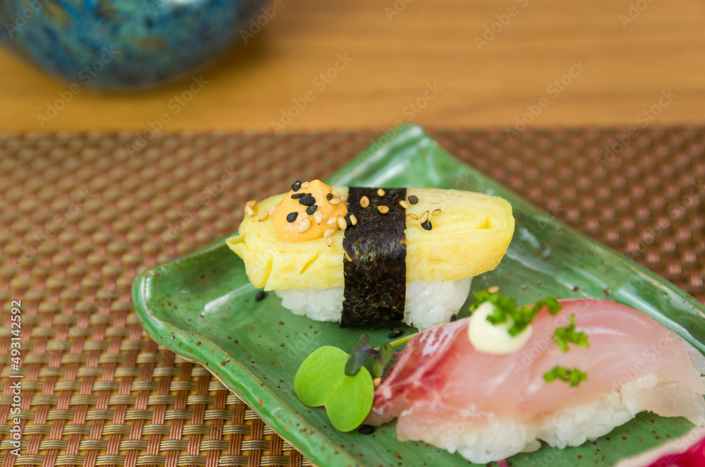 Platter with different types of nigirizushi, nigiri with different fish ...