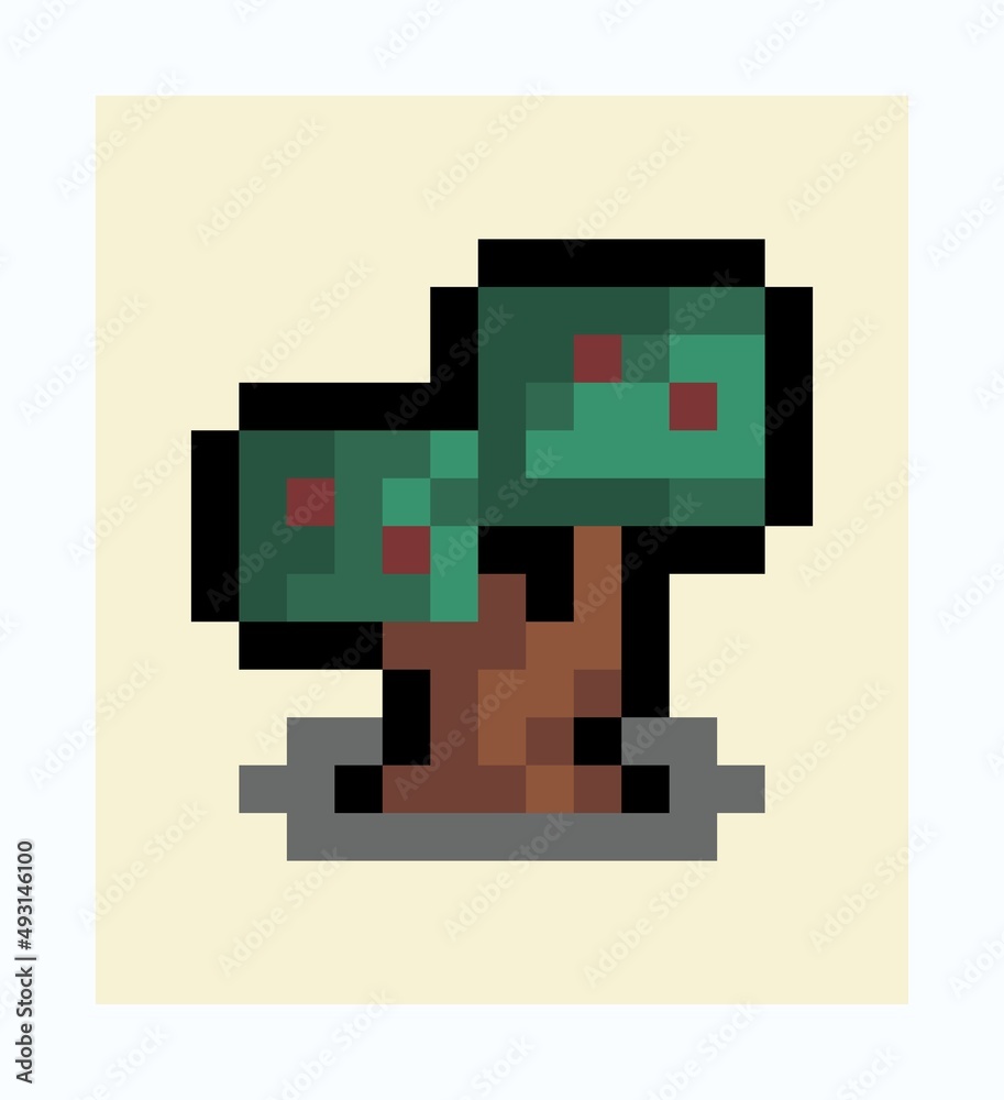 Pixel art green tree. Yellow background, wallpaper, sticker or game ...