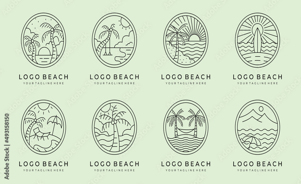 set of line art beach icon logo vector illustration design, ocean ...