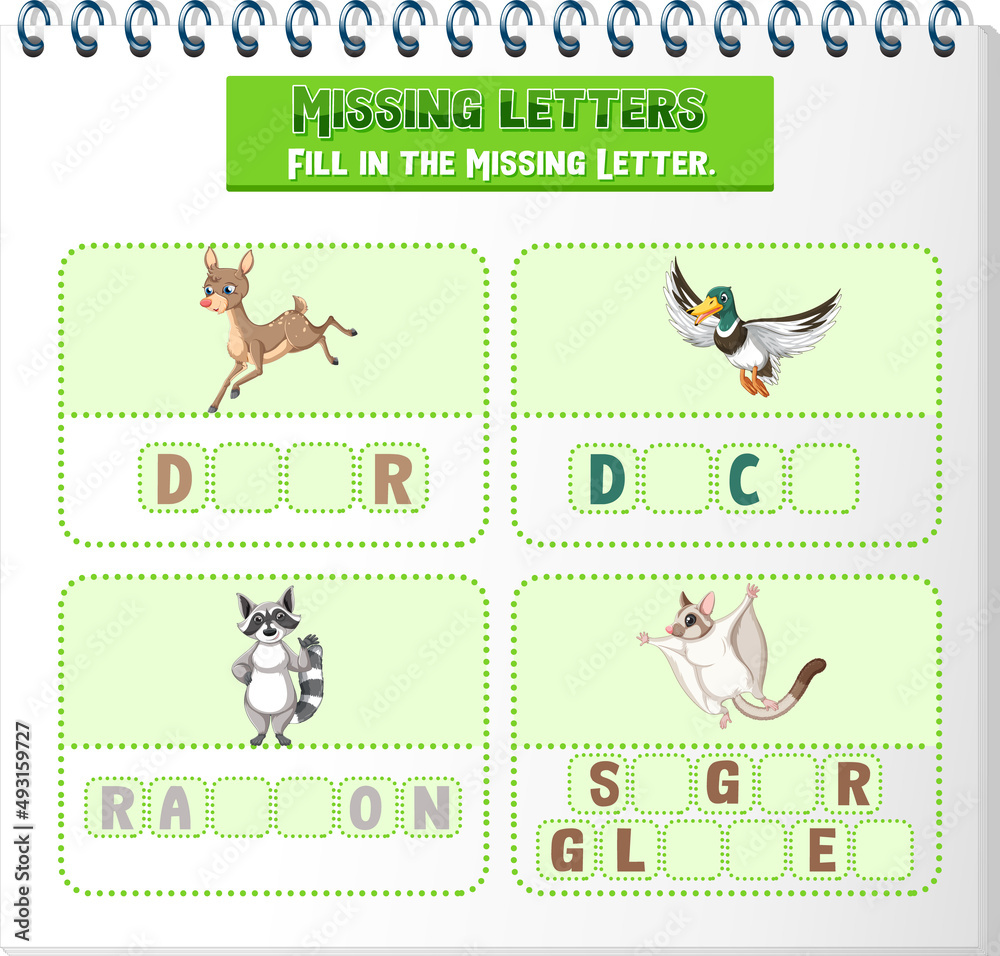 Fill The Missing Letter Of Each Word Worksheet For Children Stock fill-the-missing-letter-of-each-word-worksheet-for-children-stock