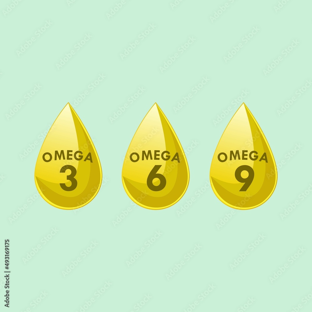 Omega 3, 6, 9 acids drops gold logo template. Polyunsaturated fatty ...