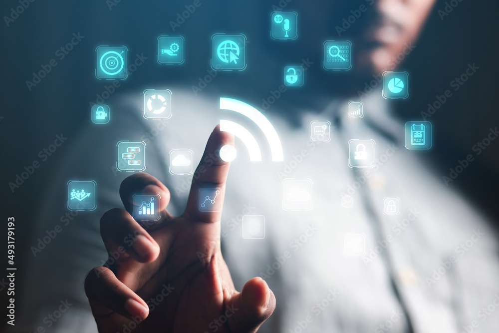 Businessman showing internet technology network wifi network connection ...