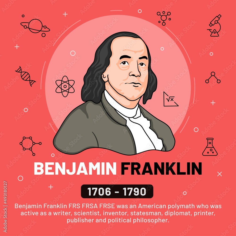 Vector illustration of famous personalities: Benjamin Franklin with bio ...