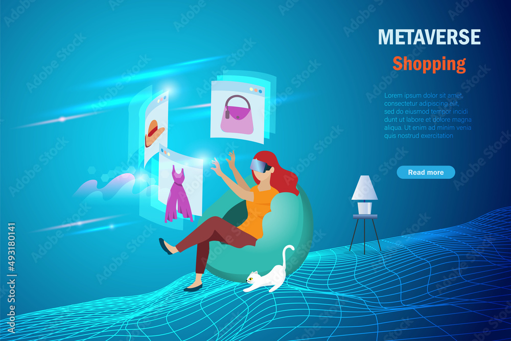 Metaverse online shopping in virtual reality environment. Woman wear VR ...
